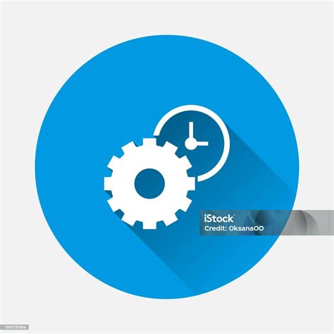 벡터 아이콘 기어는 작업 프로세스를 휠하고 시계합니다 파란색 배경에 움직이는 그림 기어 아이콘입니다 긴 그림자가있는 평면 이미지 개념에 대한 스톡 벡터 아트 및 기타 이미지
