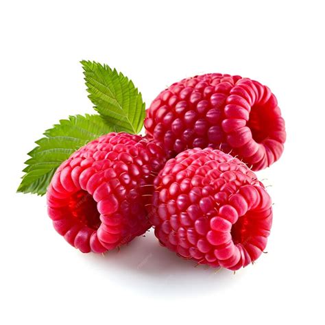 Three Raspberries With Green Leaves On Them One Of Them Has A Green Leaf Premium Ai Generated