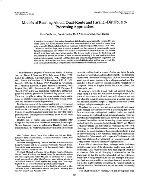 Pdf Models Of Reading Aloud Dual Route And Parallel Distributed