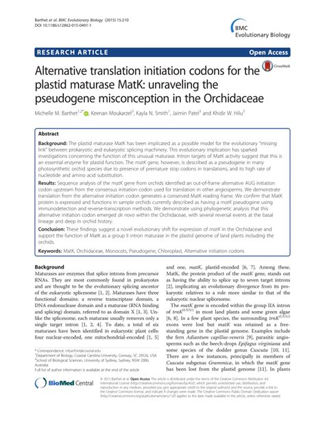 Pdf Alternative Translation Initiation Codons For The Plastid Maturase Matk Unraveling The