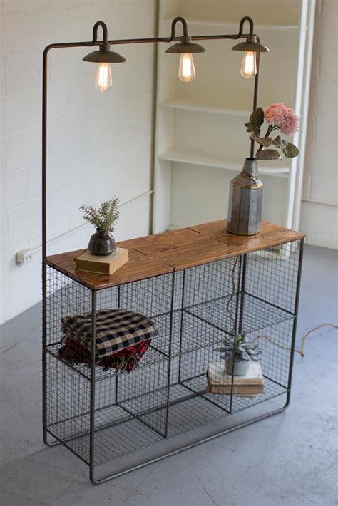 Kalalou Wall Display W Three Lights Six Wire Cubbies And Wood Shelf Natural Grey Modish Store