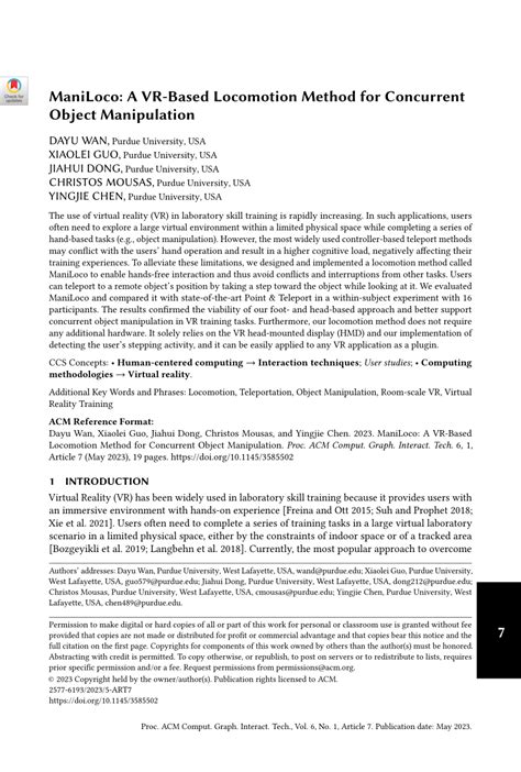 Pdf Maniloco A Vr Based Locomotion Method For Concurrent Object