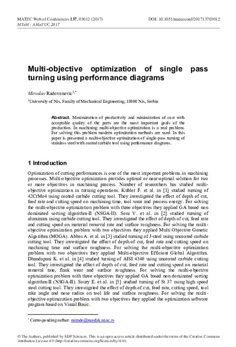 pdf multi objective optimization of single pass turning using performance diagrams miroslav