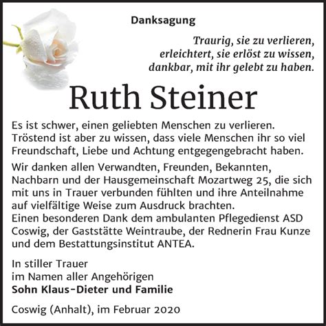 Traueranzeigen Von Ruth Steiner Abschied Nehmen De