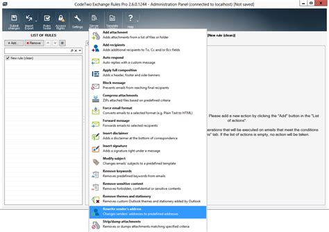 configuration of rules actions rewrite sender s address codetwo