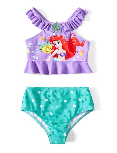 Disney Princess Ariel Girls Swimsuit Ruffle Summer Pool Beach Sport Bathing Suits Blue 5 6