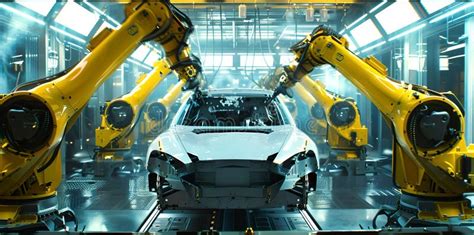 Automated Robotics Arms Assembling A Car In A High Tech Manufacturing