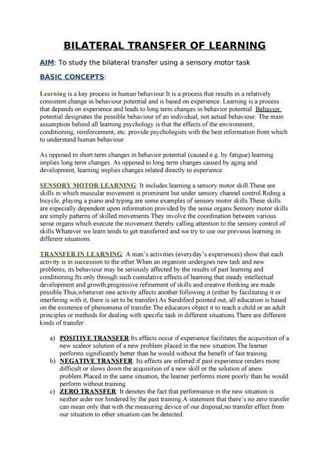 Bilateral Transfer Of Learning Experiment BILATERAL TRANSFER OF