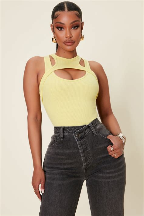 Cassie Cut Out Snatched Bodysuit Yellow Fashion Nova Bodysuits