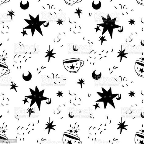 잠자는 별과 마법의 음료의 잔과 원활한 패턴 천체와 마법 요소의 손으로 그린 패턴 흰색 배경에 검정 벡터 스톡 일러스트레이션 귀여운에 대한 스톡 벡터 아트 및 기타 이미지