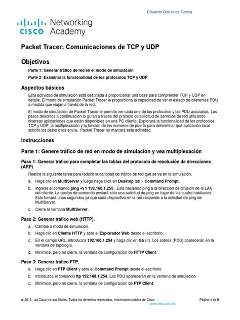 14 8 1 Packet Tracer Tcp And Udp Communications Es Xl Eduardo Gonzalez Pdf Protocolo De