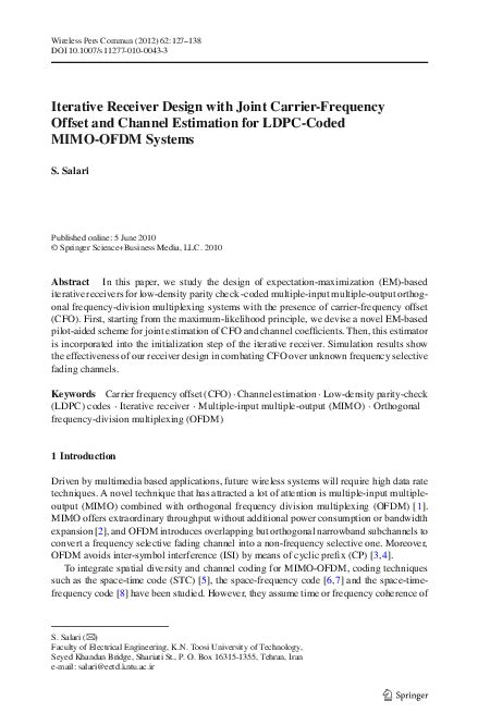 Pdf Iterative Receiver Design With Joint Carrier Frequency Offset And