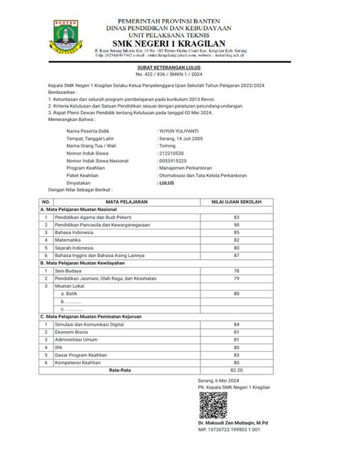 Surat Keterangan Lulus Smkn 1 Kragilan Pdf