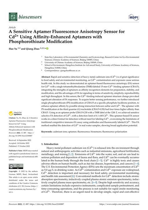 Pdf A Sensitive Aptamer Fluorescence Anisotropy Sensor For Cd2 Using Affinity Enhanced