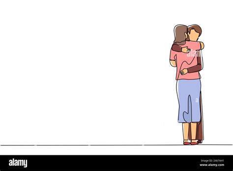 Single Continuous Line Drawing Young Woman Gives Warm Hug To Her