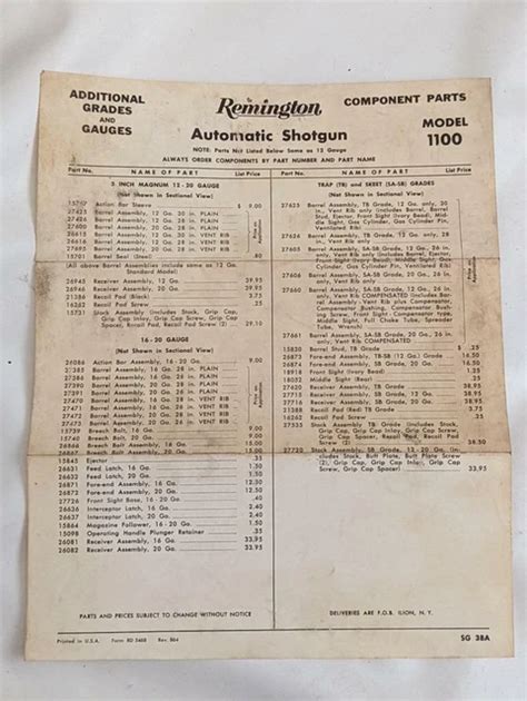 Vintage Remington Model 1100 Automatic Shotgun Componant Sheet 1100