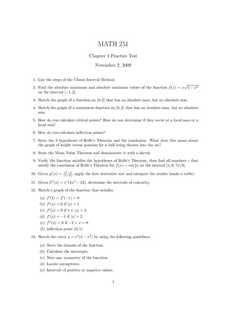 23 Questions For Final Examination Calculus 1 Math 251 Docsity
