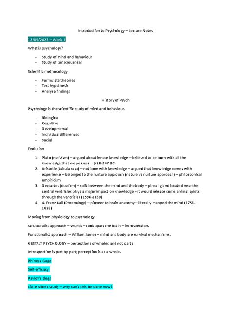 Intro To Psych Lecture Notes Introduction To Psychology Lecture Notes 12092023 Week 1