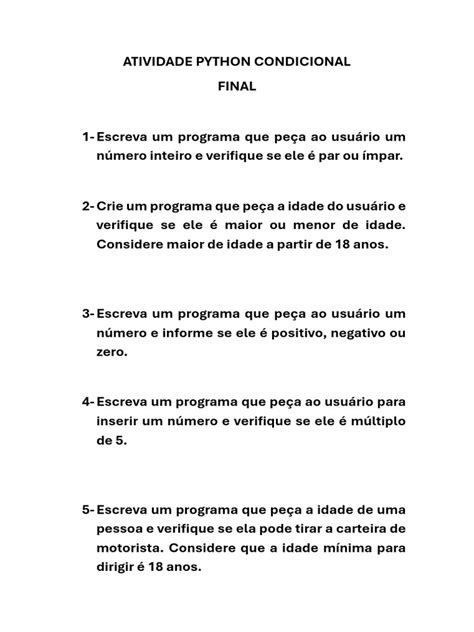 Atividade Python Condicional Final Pdf