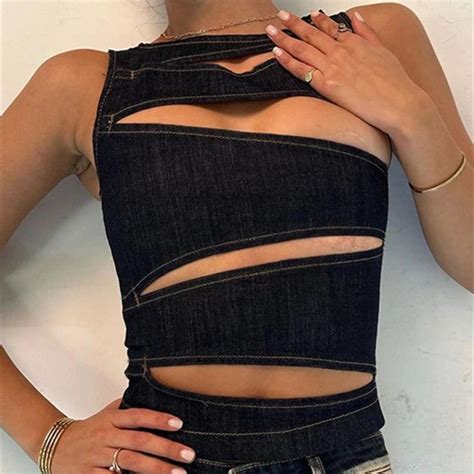 Black Denim Top With Cutouts Denimtop Edgyfashion Depop