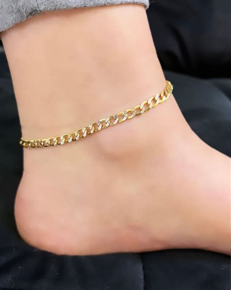 14k Cuban Ankle Bracelet Two Tones Yellow Gold Alex Diamond Jewelry