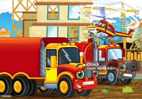 재미있는 건설 현장 자동차 차량과 헬리콥터와 만화 장면 일러스트 0명에 대한 스톡 벡터 아트 및 기타 이미지 0명 개발 건설 기계류 Istock