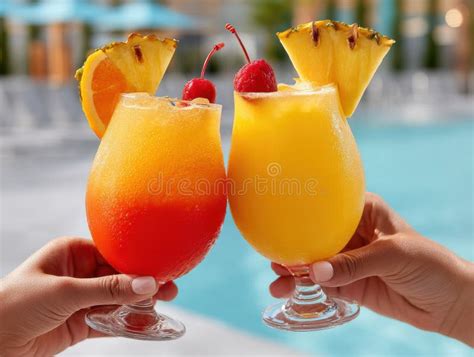 Cheers With Tropical Cocktails By The Poolside Stock Illustration