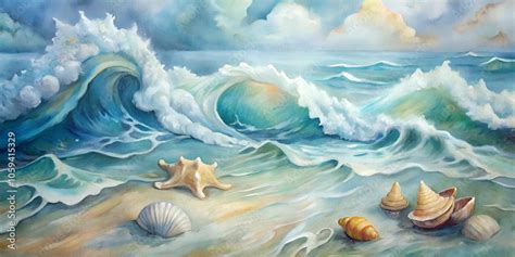 Stockillustratie Seascape With Seashells Tranquil Ocean Waves Coastal