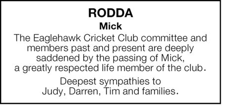 Rodda Michael Robert “mick” Tributes Bendigo Advertiser Bendigo