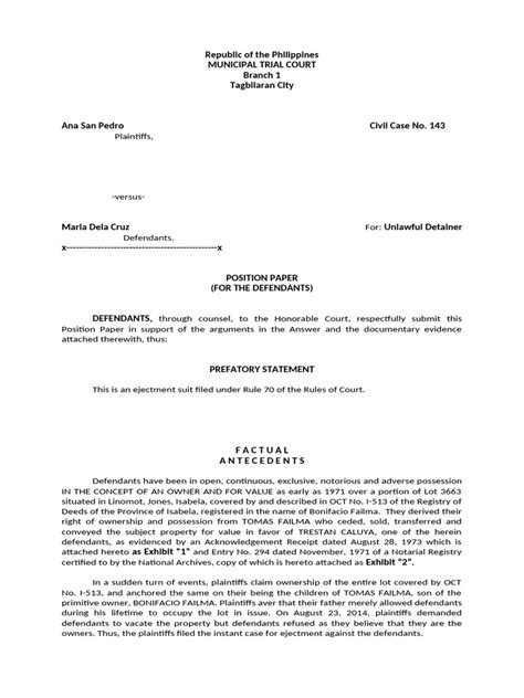 Ejectment Case Position Paper Pdf Complaint Burden Of Proof Law