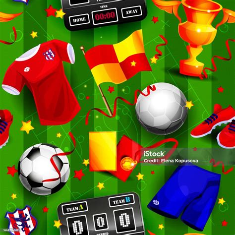 만화 스타일의 팀 경쟁 스포츠 및 승리의 원활한 배경 축구 액세서리 및 스포츠 장비는 게임의 전략과 경기장의 배경에 있습니다 Soccer Tournament에 대한 스톡