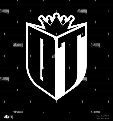 QT Letter Bold Monogram With Shield Shape And Sharp Crown Inside Shield Black And White Color
