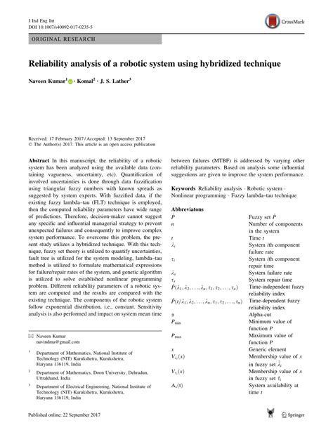Pdf Reliability Analysis Of A Robotic System Using Hybridized Technique
