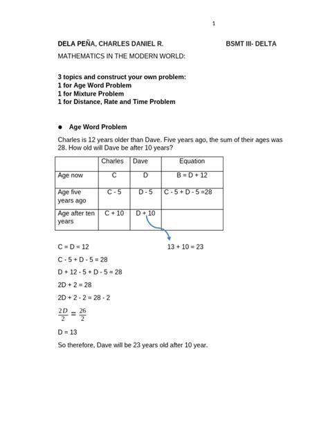 Age Problem Mixture Problem Distances Rate And Time Problem Pdf Mathematics Applied
