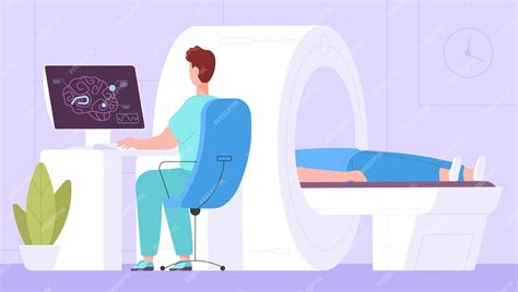 자기 방사선 공명 광선 기술 화려한 벡터 일러스트 레이 션에 Mri 뇌 스캔 Ct 엑스레이 Mrt 단층 촬영 진단 스캐너 기계