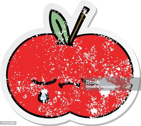 귀여운 만화 빨간 사과의 고민 스티커 과일에 대한 스톡 벡터 아트 및 기타 이미지 과일 귀여운 그런지 이미지 기법