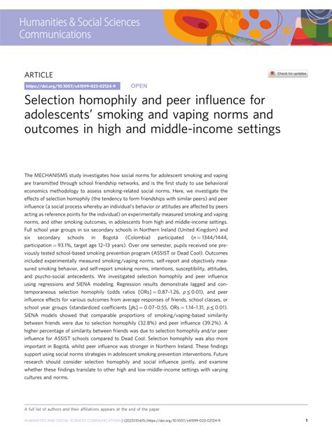 Pdf Selection Homophily And Peer Influence For Adolescents Smoking And Vaping Norms And