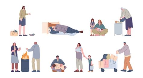 노숙자 성인 가난한 여성과 남성 빈곤 실업자 및 난민 거리에서의 사람생활 거지 사회적 고립 킥키 벡터 장면 홈리스에 대한 스톡