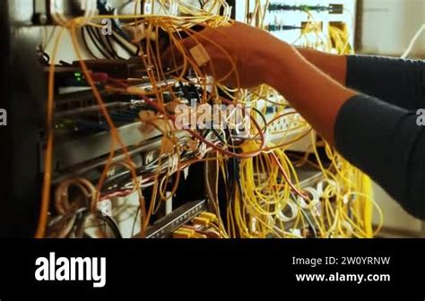 Network Switch And Ethernet Cable In Rack Cabinet Network Connection Technology And Has A