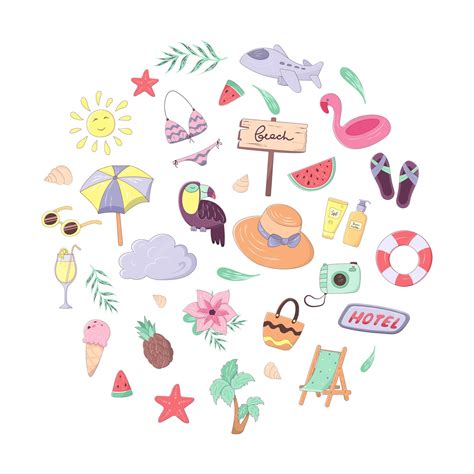 다채로운 여름 휴가 한다면의 집합입니다 컬렉션 의류 액세서리 음식 및 음료 흰색 배경에 고립 엽서 포스터 스티커 포장 F에 대한 만화 스타일의 벡터 일러스트