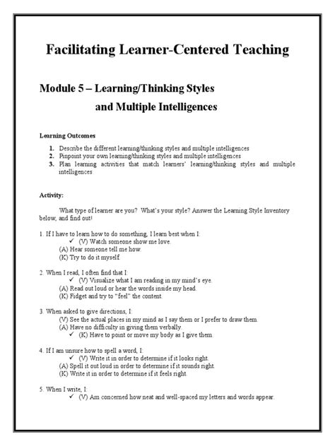 Facilitating Learner Centered Teaching Module 5 Learningthinking