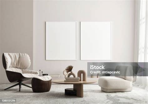 현대적인 인테리어 배경 거실 스칸디나비아 스타일 3d 렌더 3d 일러스트레이션의 포스터 프레임을 모의 거실에 대한 스톡 사진 및 기타 이미지 Istock