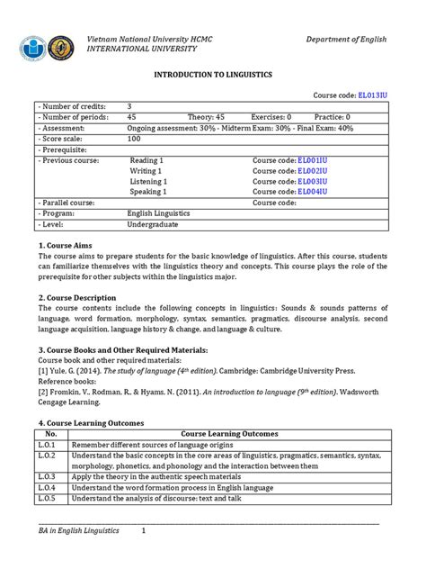 El013iu Introduction To Linguistics Syllabus Ver 10 Pdf