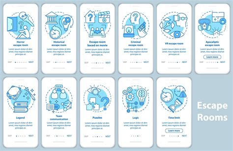 Escape Room Blue Onboarding Mobile App Page Screen Set With Linear
