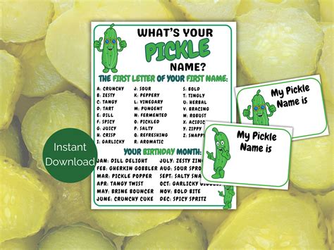 Whats Your Pickle Name Game Name Tags Pickle Themed Party Activity Pickle Birthday Game For