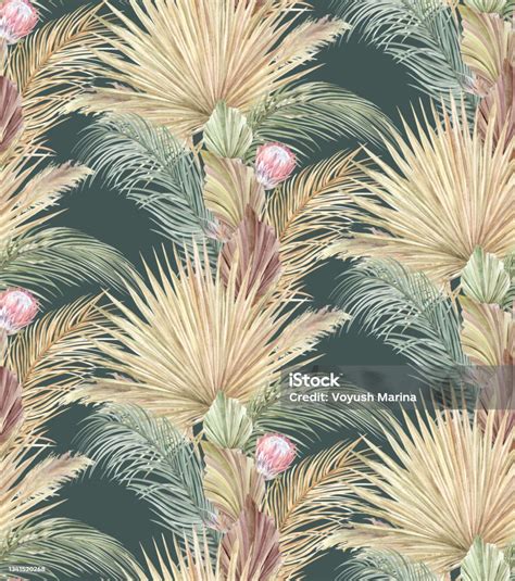 짙은 녹색 배경에 마른 야자수 잎과 팜파 잔디의 수직 열대 허브리움원활한 수채화 패턴 건조한에 대한 스톡 벡터 아트 및 기타