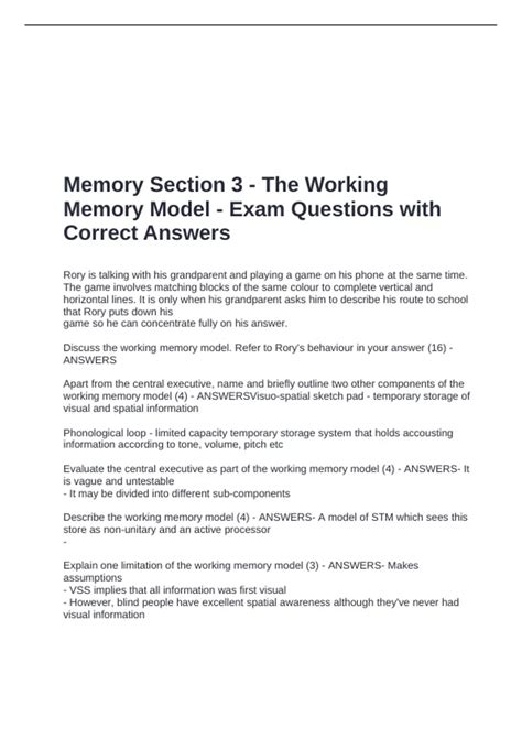 Memory Section 3 The Working Memory Model Exam Questions With Correct Answers Memory