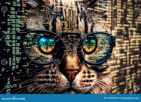 Cat In Glasses With Reflection Of Binary Numbers Programming Concept Stock Illustration