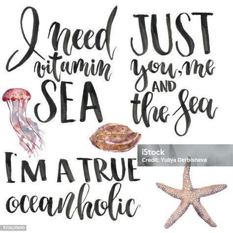 손으로 그린 오션 문구와 글자 나와 바다 비타민 바다 그냥 당신이 필요 나는 진정한 Oceanholic 디자인 카드 T셔츠 흰색 배경에 고립 된 물고기와 수채화 그림 낮에