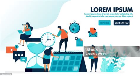 일정에 일정과 계획을 구성합니다 알림 알람이 있는 거대한 모래시계 개인 작업을위한 시간 관리 방문 페이지 웹 모바일 앱 전단지 포스터 Ui Ux에 대 한 평면 벡터 그림